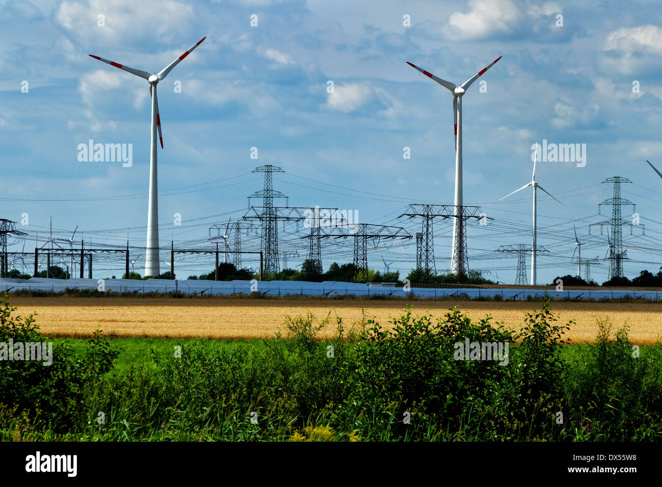 Wustermark, Germany, Windraeder and power poles Stock Photo - Alamy