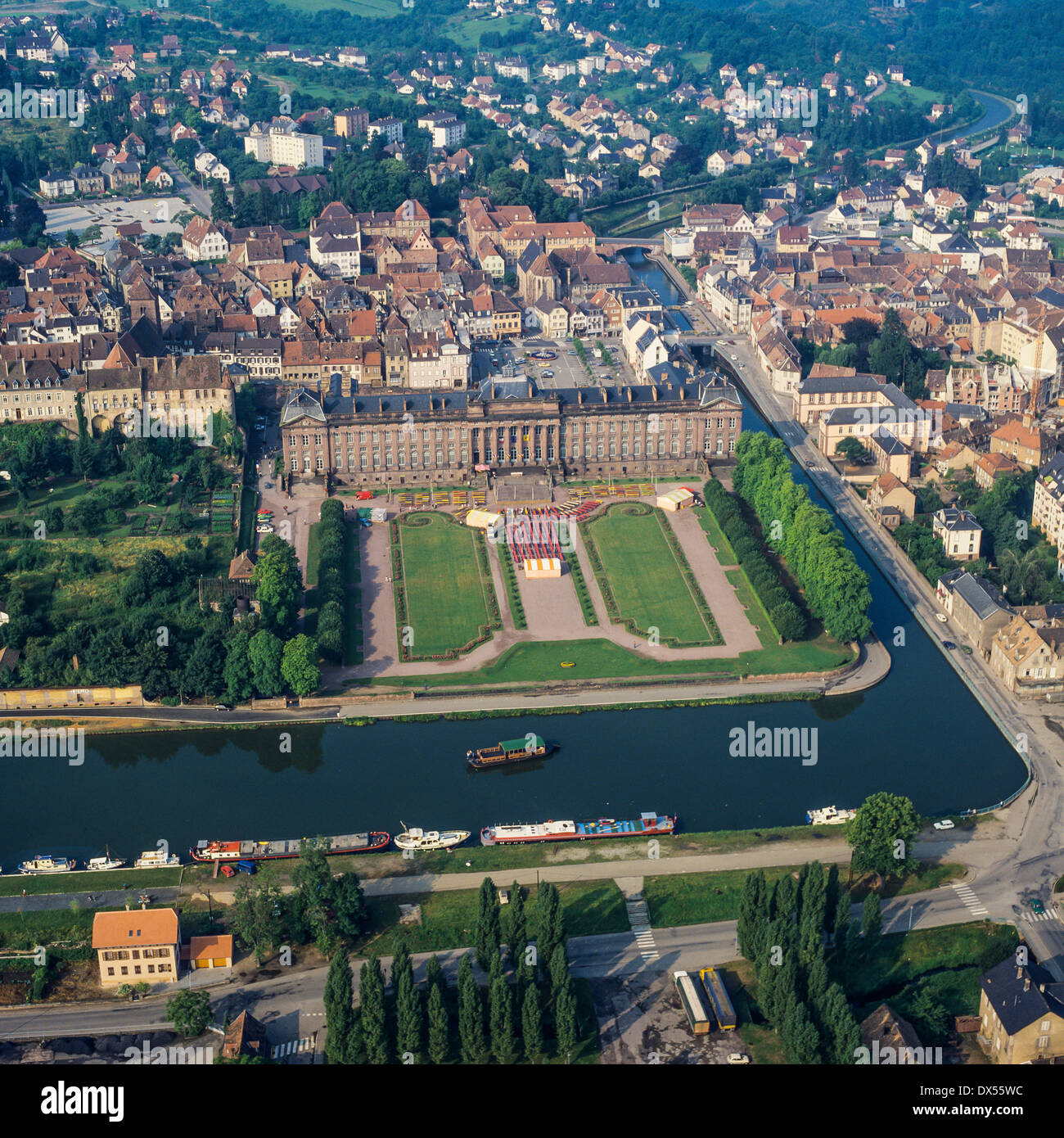 Aerial of Saverne town with Rohan castle and garden, Marne Rhine canal ...