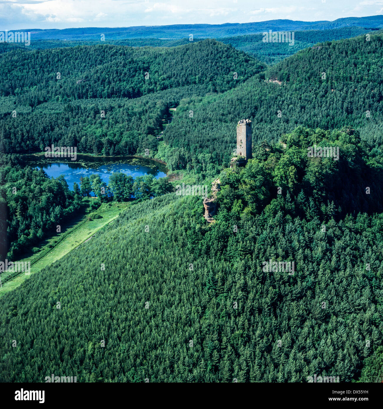 Aerial of Waldeck castle ruins 14th Century Moselle Lorraine France ...