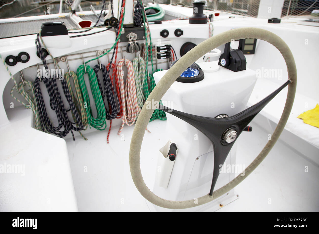 Steering wheel on sailing boat Stock Photo - Alamy