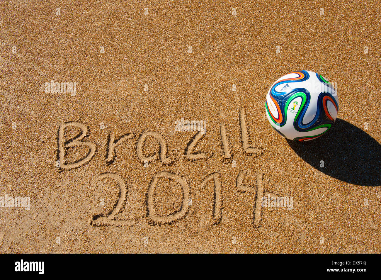 "Brazuca", match ball of FIFA World Cup Brazil 2014 on a sandy beach ...