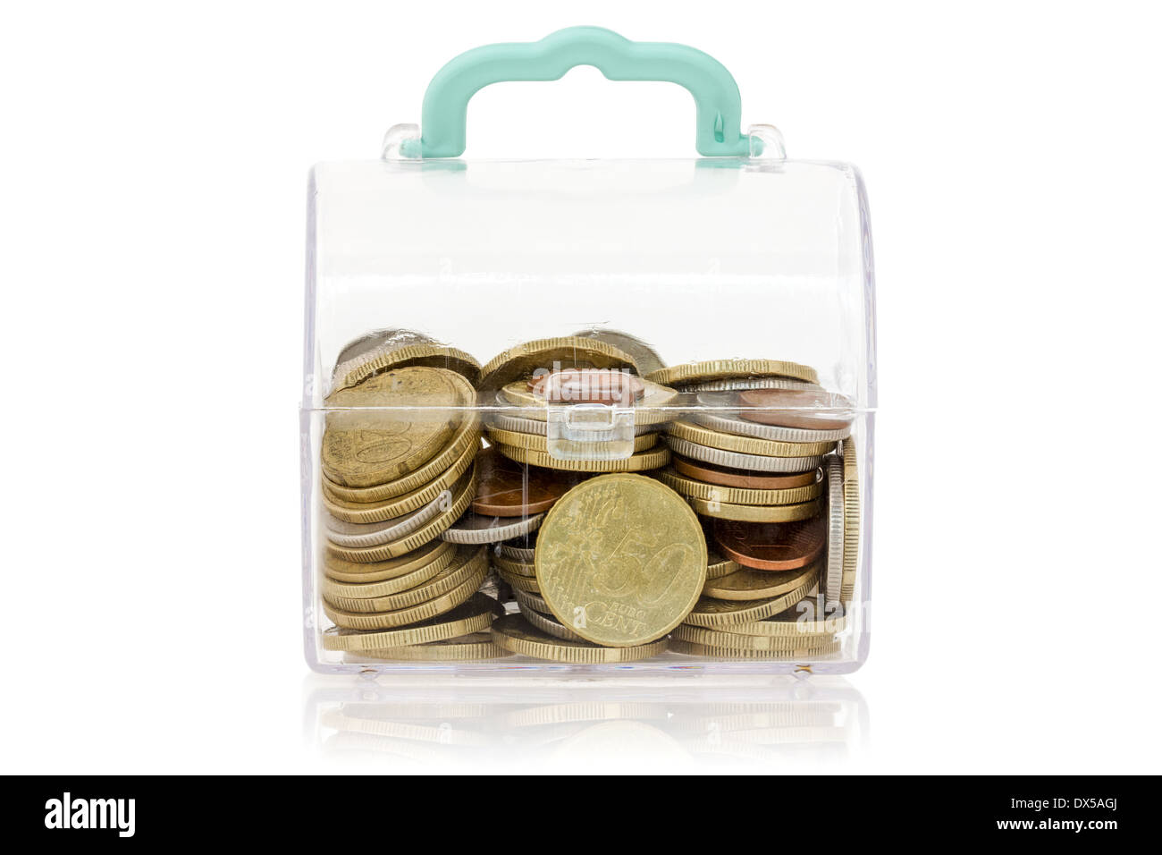 Clear plastic box with coins. Isolated on white background Stock Photo ...