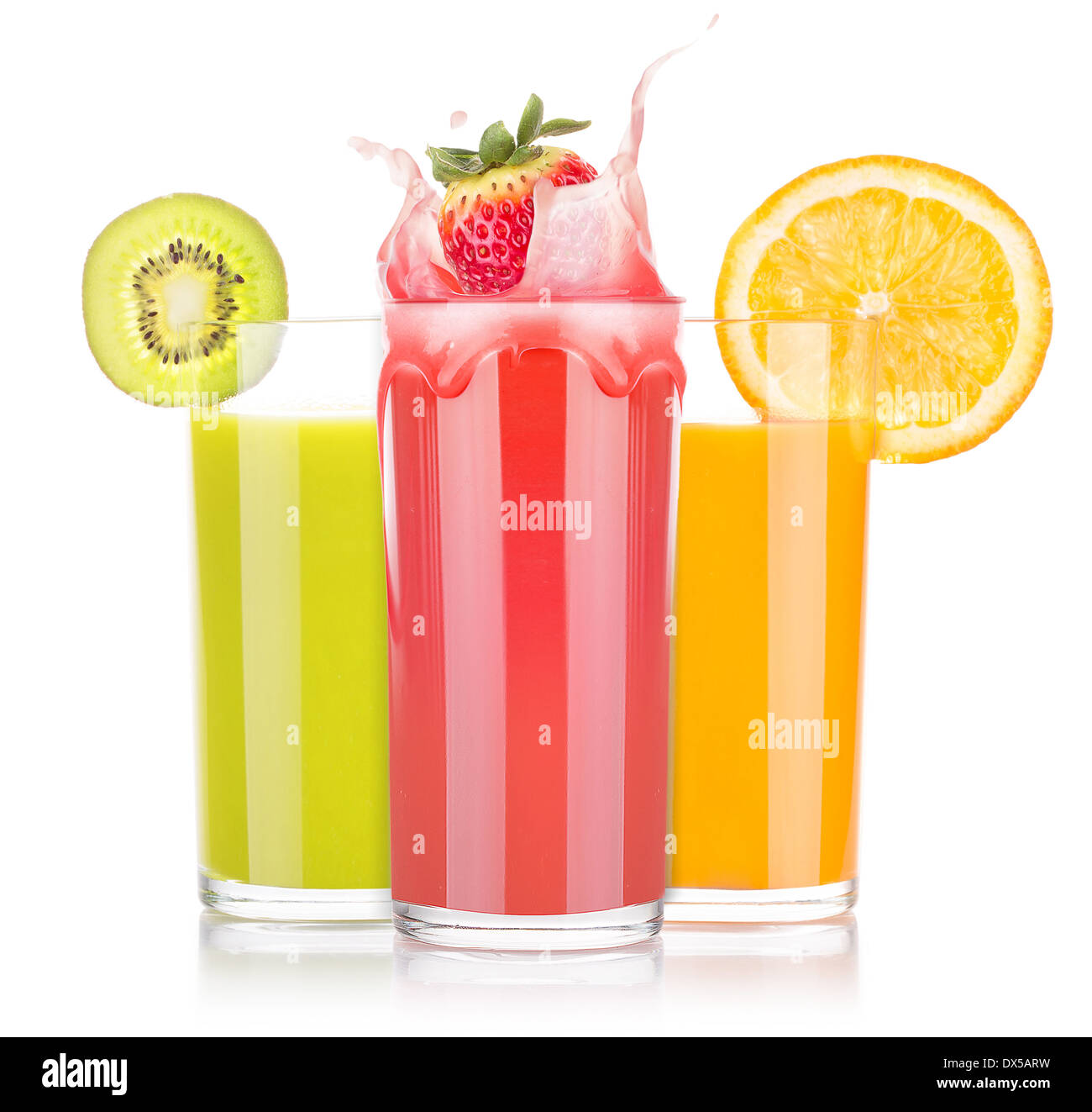 tasty summer fruit drinks in glass with splash isolated on a white ...