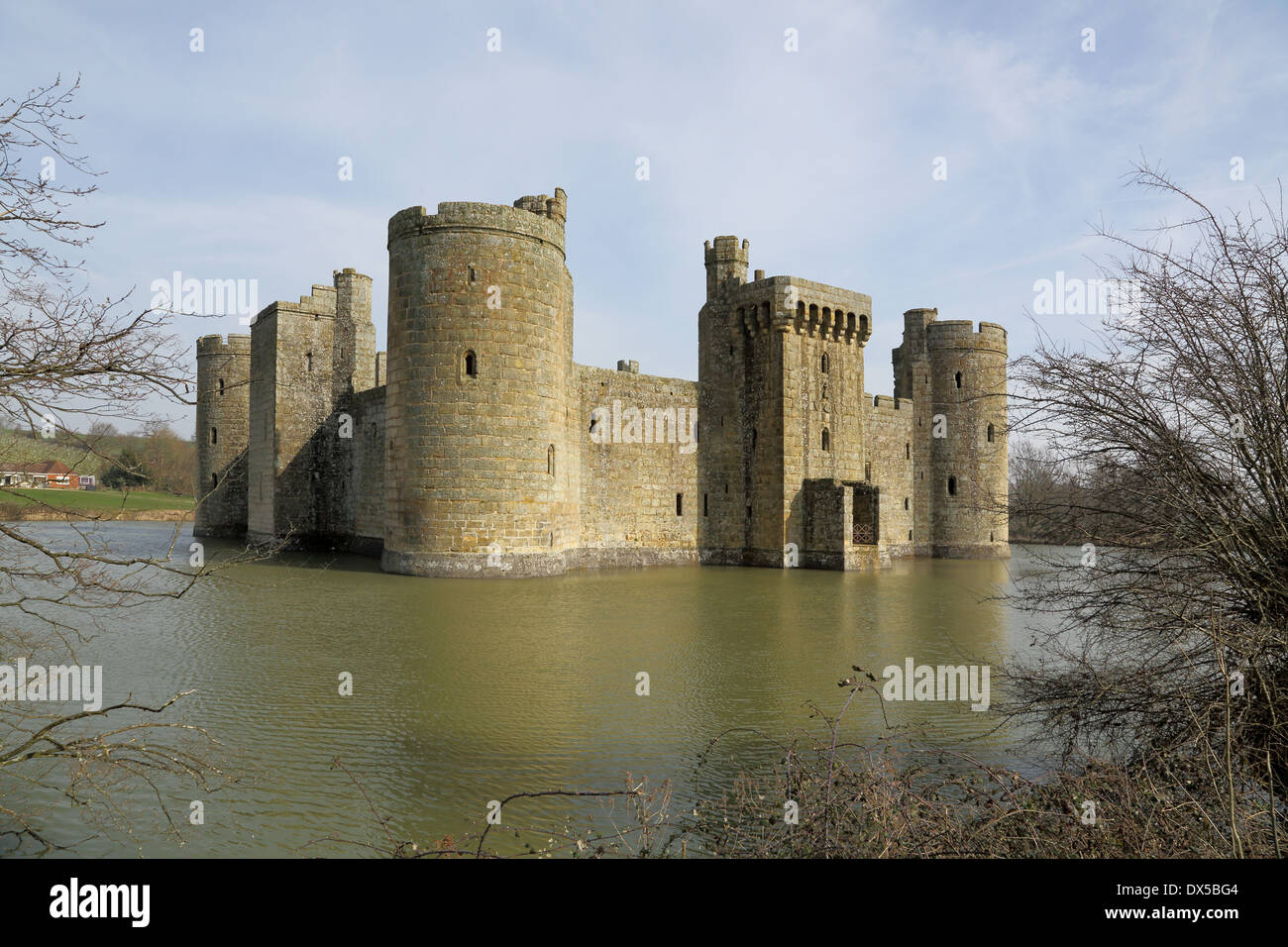 the moated Bodium castle in East Sussex Stock Photo - Alamy