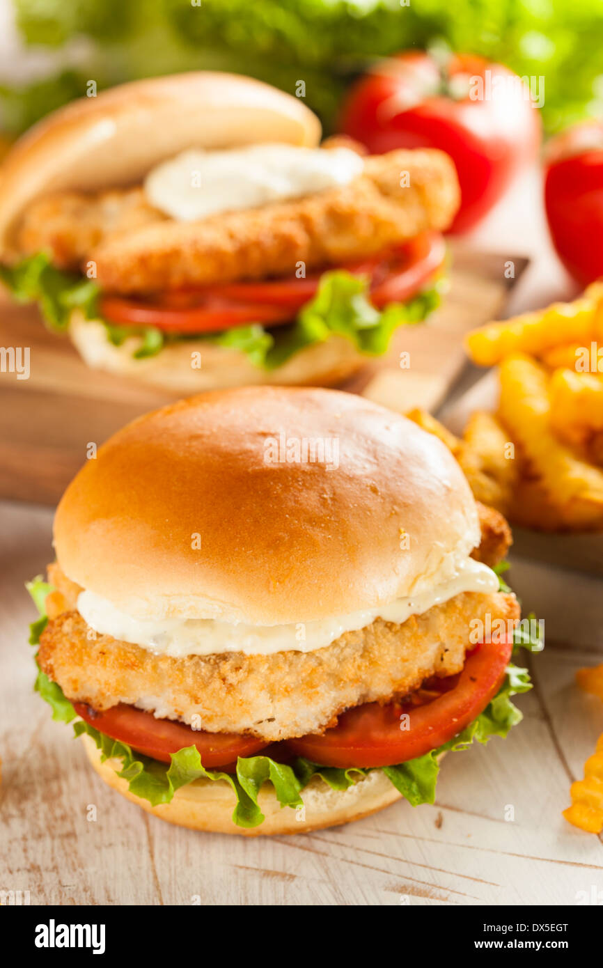 Breaded Fish Sandwich with Tartar Sauce and Fries Stock Photo - Alamy