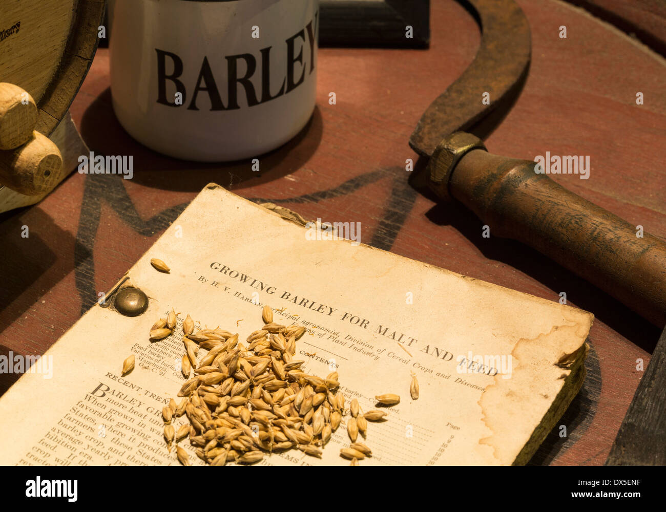 Antique book and tools for growing barley Stock Photo - Alamy