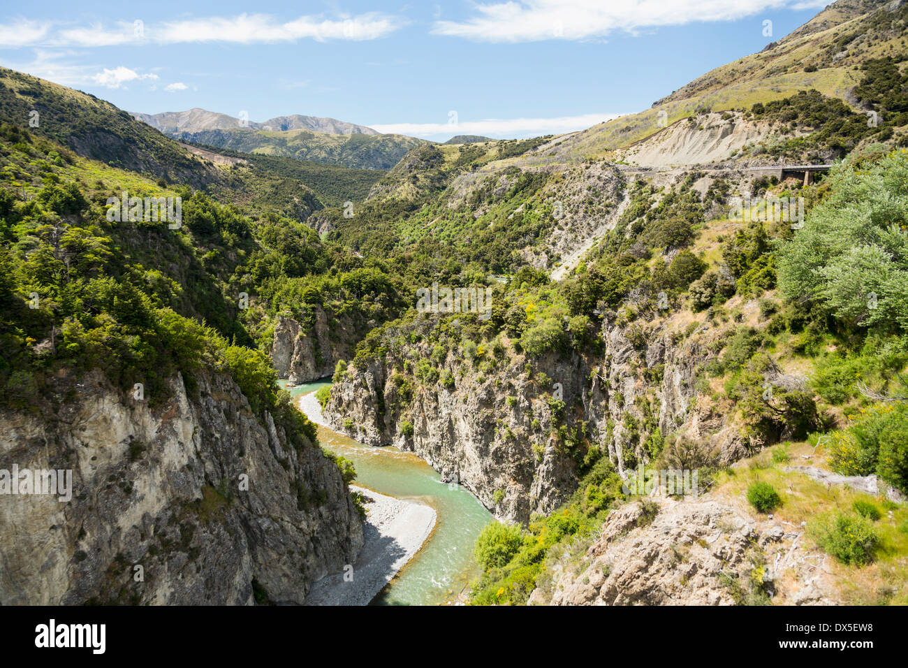 New Zealand landscape at the Waimakariri river gorge, route of the ...