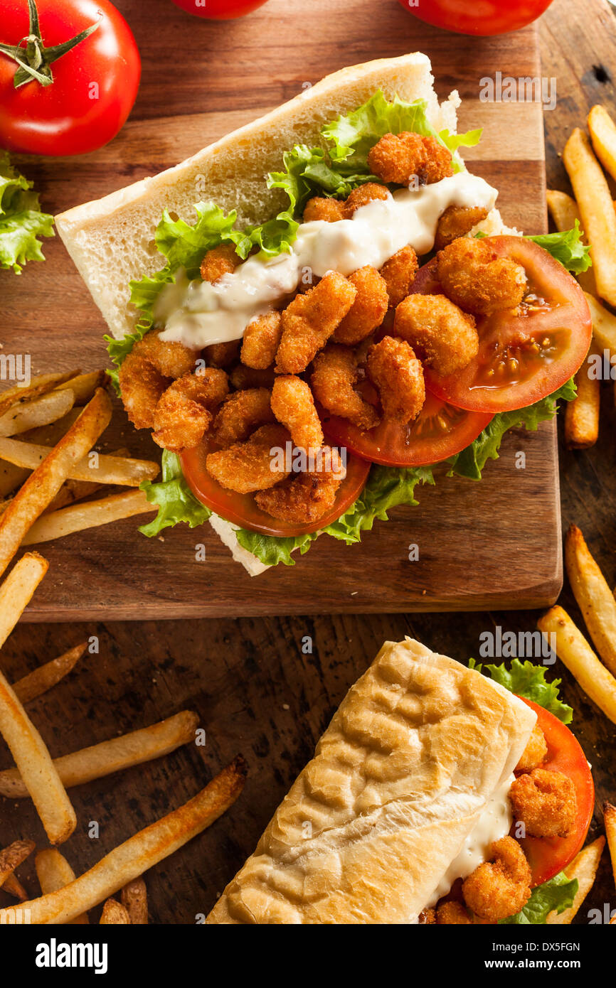 Homemade Shrimp Po Boy Sandwich with French Fries Stock Photo - Alamy
