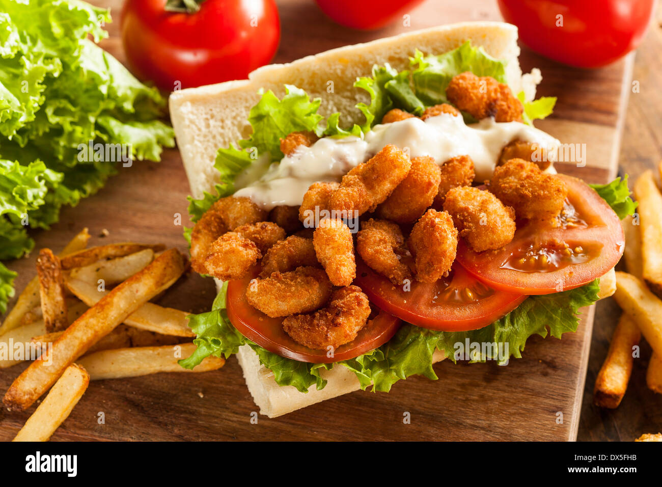 Homemade Shrimp Po Boy Sandwich with French Fries Stock Photo - Alamy