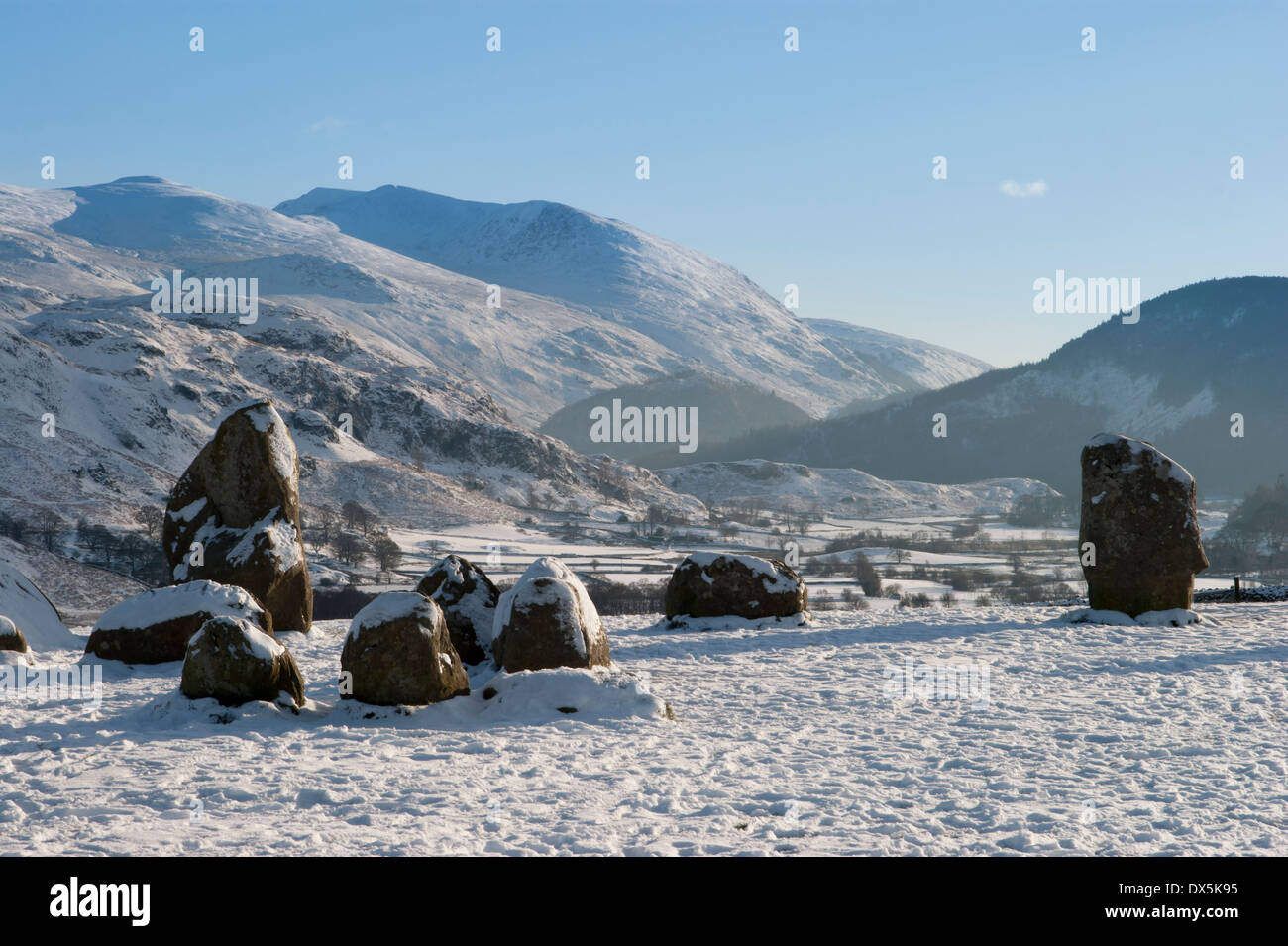 Castlerigg stone circle under snow, in the sun, Lake District, Cumbria ...