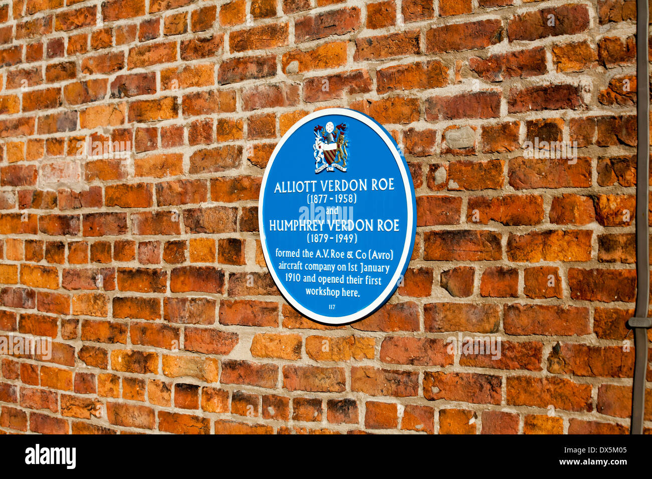 Blue plaque marking the site of A V Roe AVRO Airplane manufacturers ...