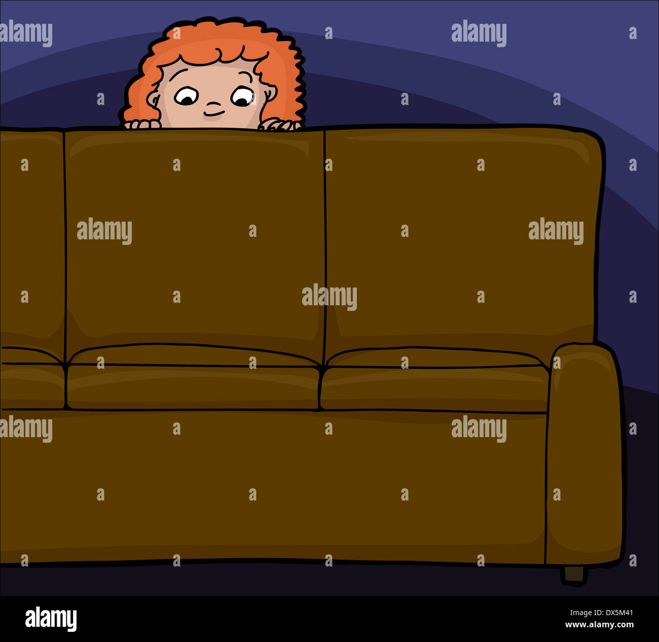 Scared red haired child looking from behind sofa Stock Photo - Alamy
