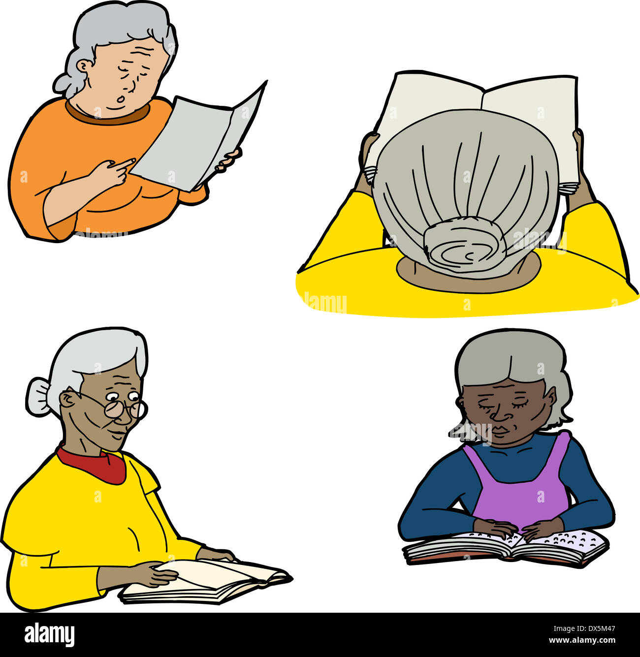 Drawings of senior women reading over white background Stock Photo - Alamy