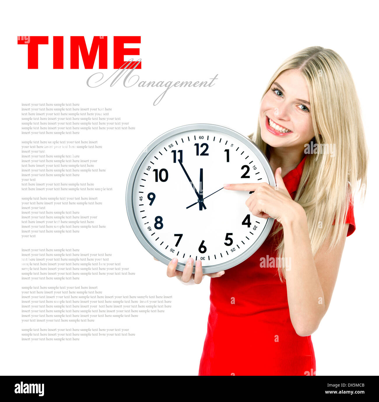 time management concept. five to twelve. young beautiful woman with big ...