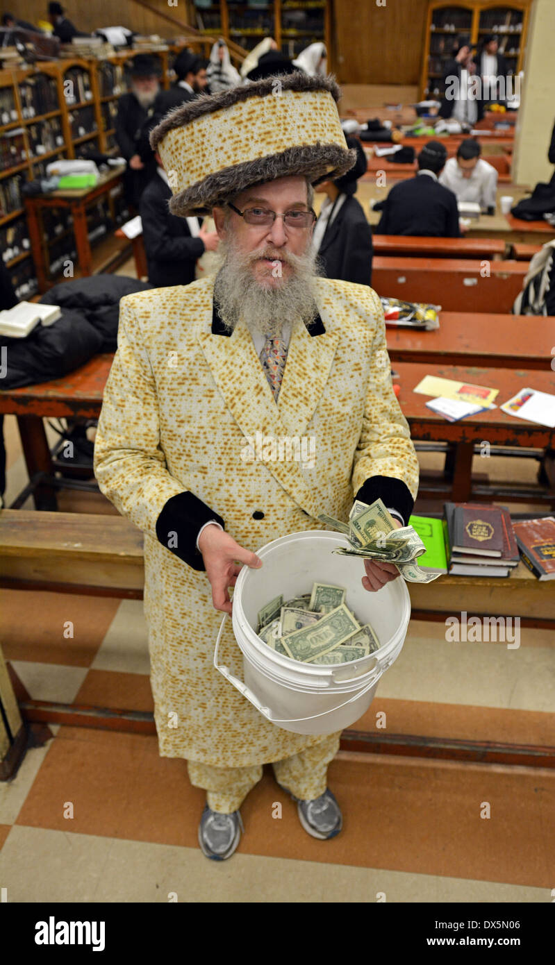 A rabbi dressed in a matzoh costume collecting charity and celebrating ...