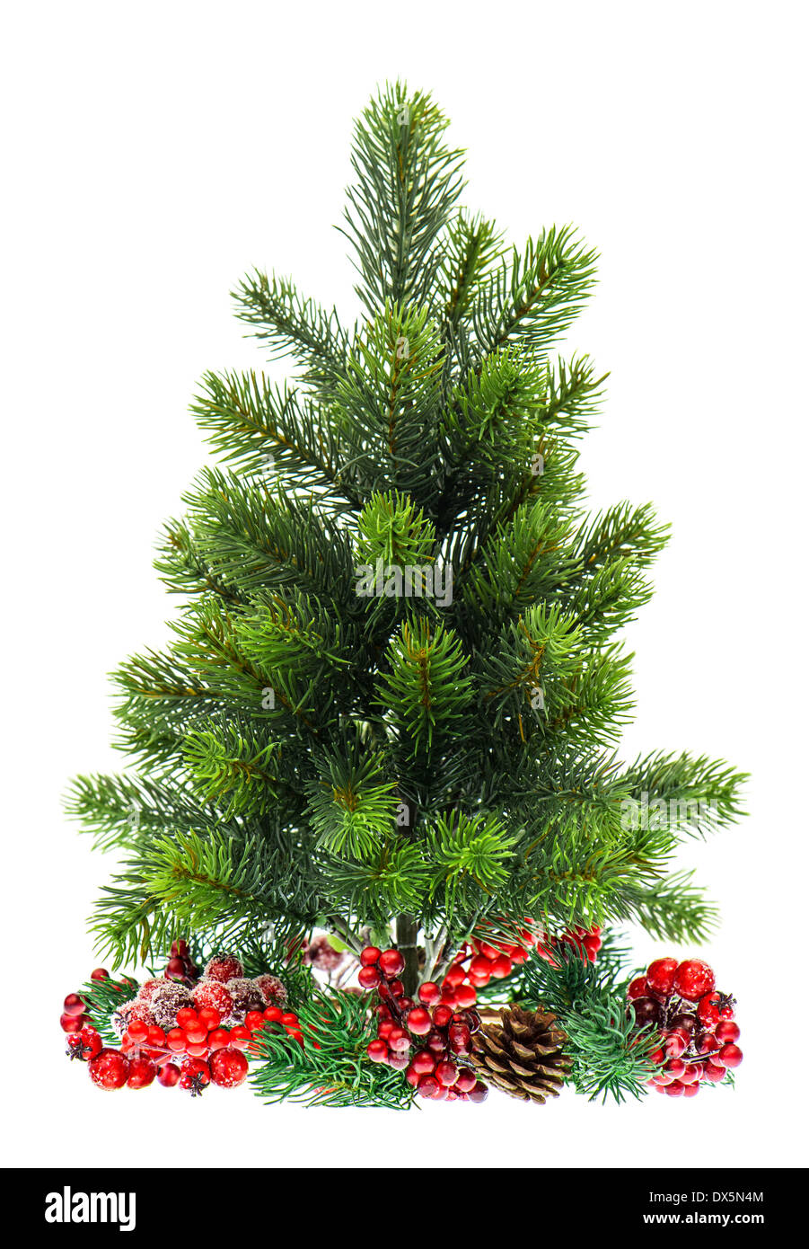 evergreen christmas tree with red decoraton isolated on white ...