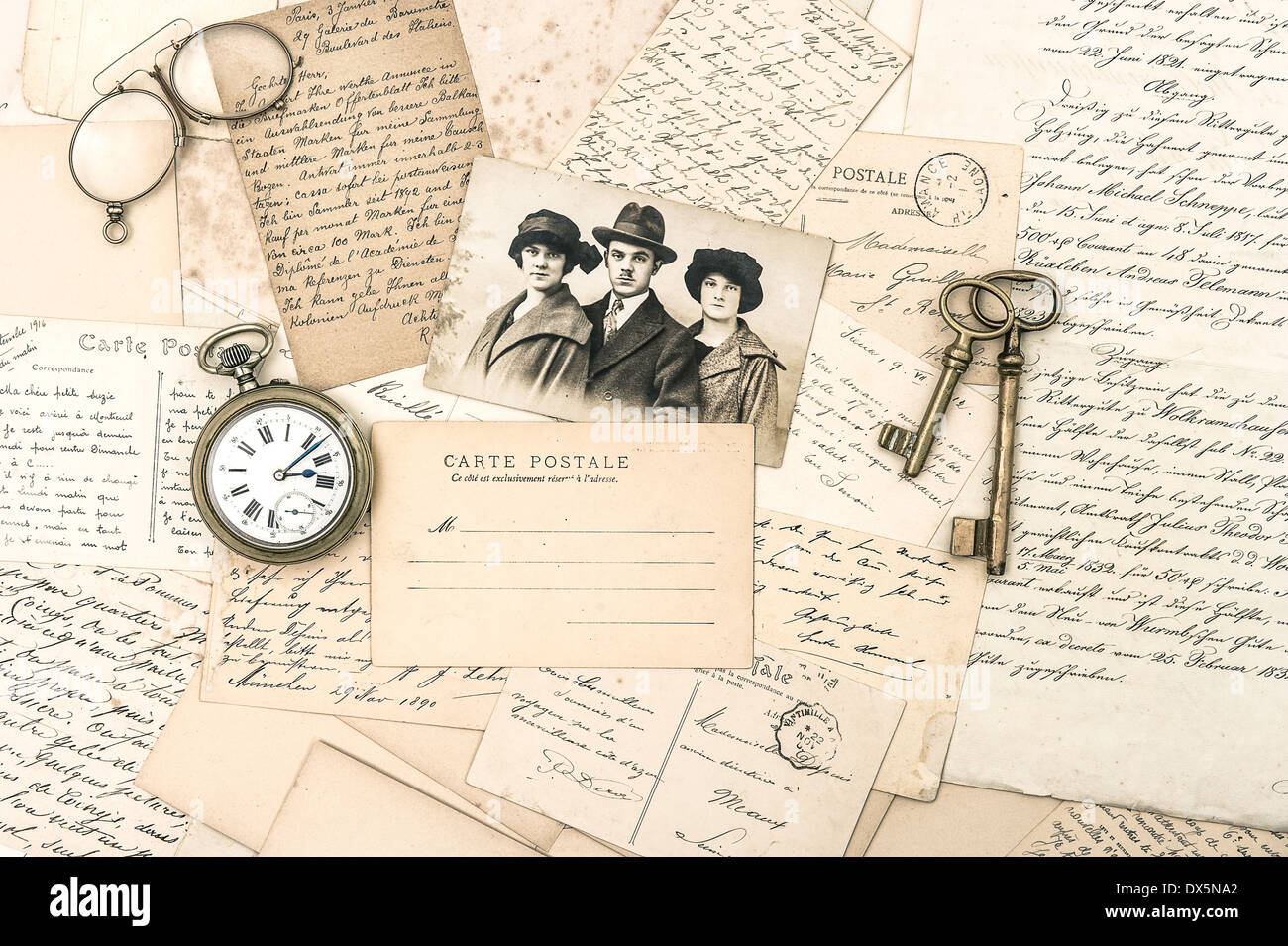 old letters and postcards, antique accessories and photo. nostalgic ...