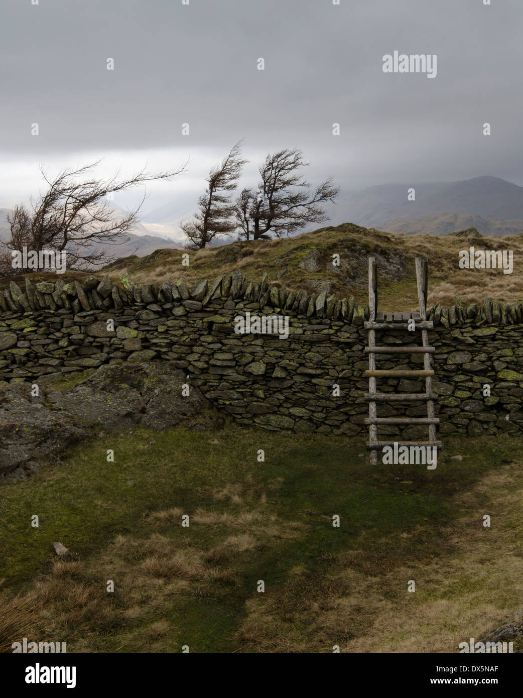 A Stile over a dry stone wall on Black Fell, Lake District, England on ...