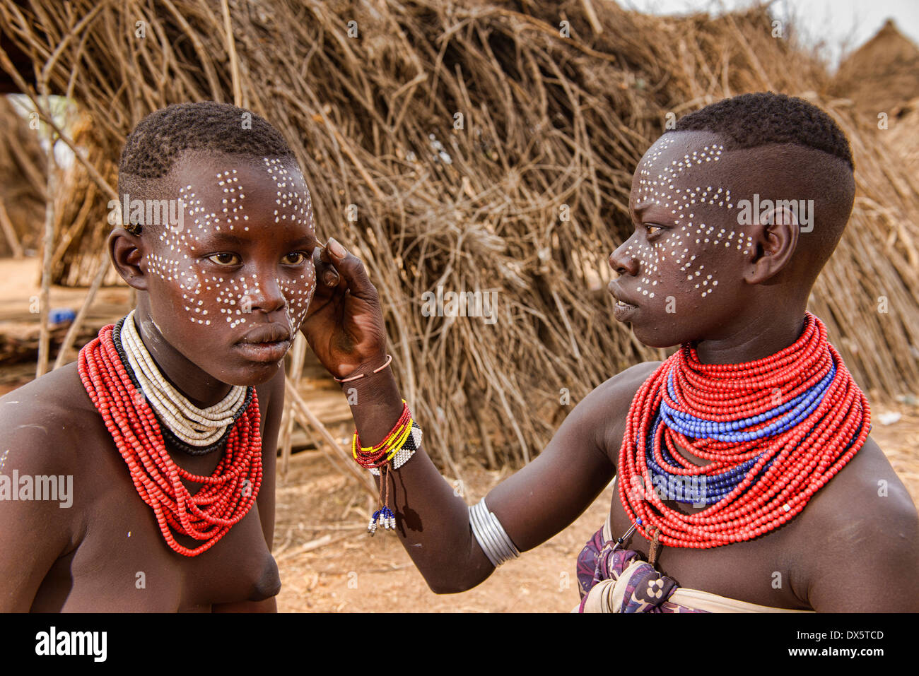 Karo girls with face paint in Kolcho on the Omo River, Ethiopia Stock ...