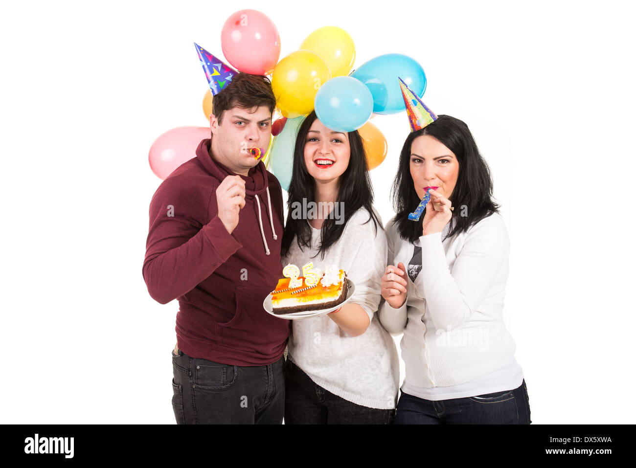 Cheerful three friends celebrate woman birthday isolated on white ...