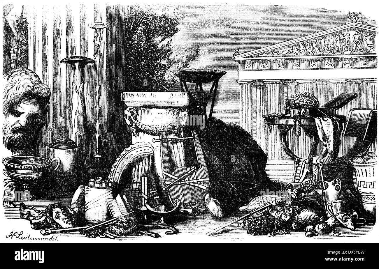 Ancient Greek temple and allegory of music and theatre, illustration ...