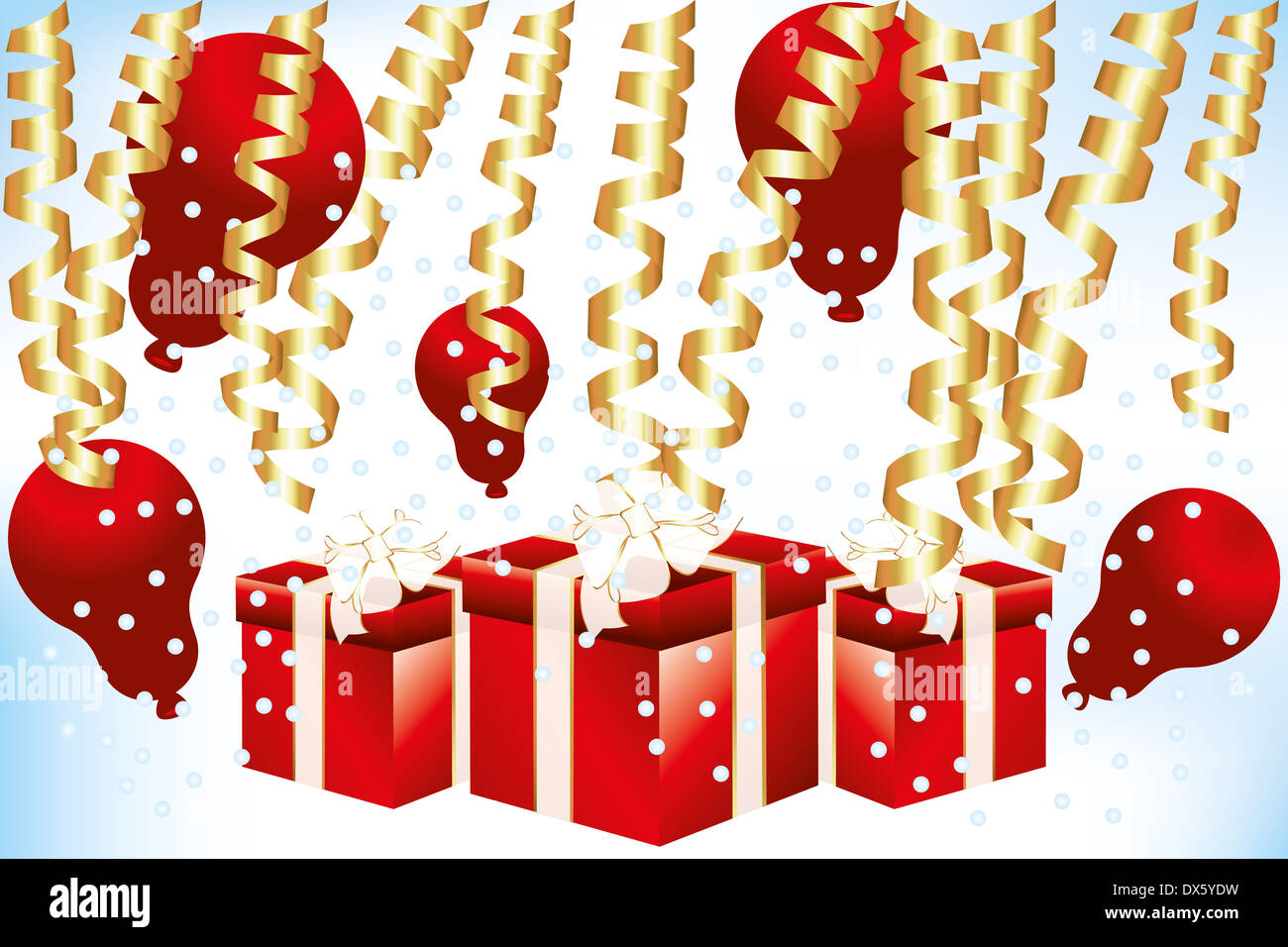 Red gift boxes and red balloons with gold confetti Stock Photo - Alamy