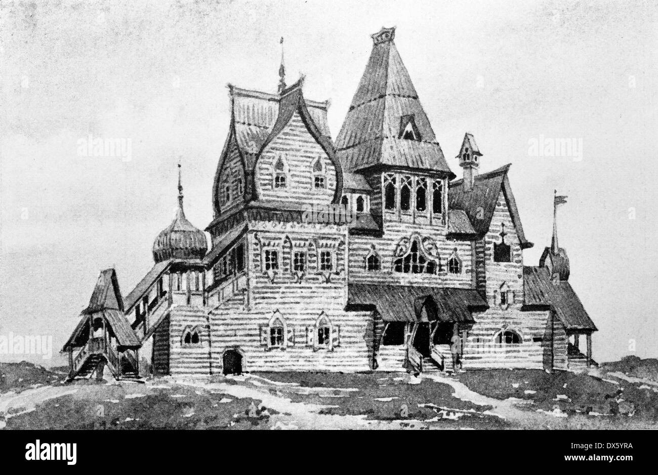 Vintage drawing of fantasy ancient house in Russian style, illustration ...