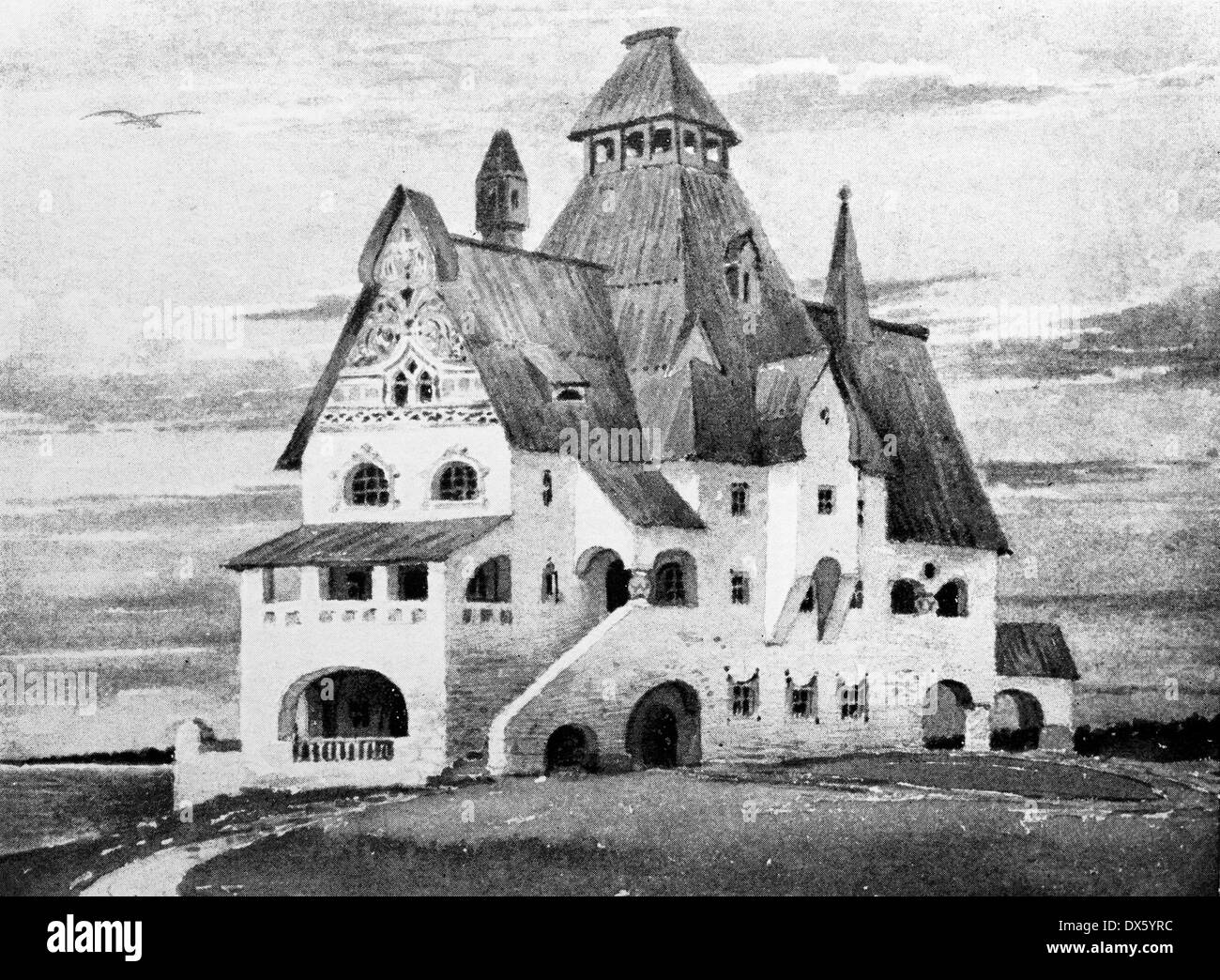 Vintage drawing of fantasy ancient house in Russian style, illustration ...