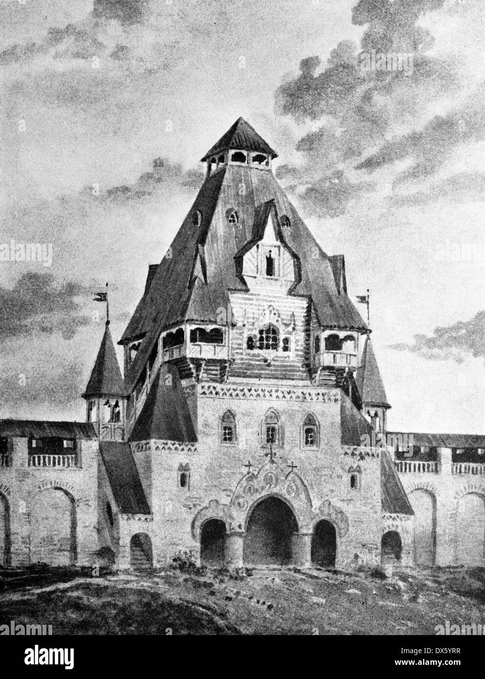 Vintage drawing of fantasy ancient house in Russian style, illustration ...