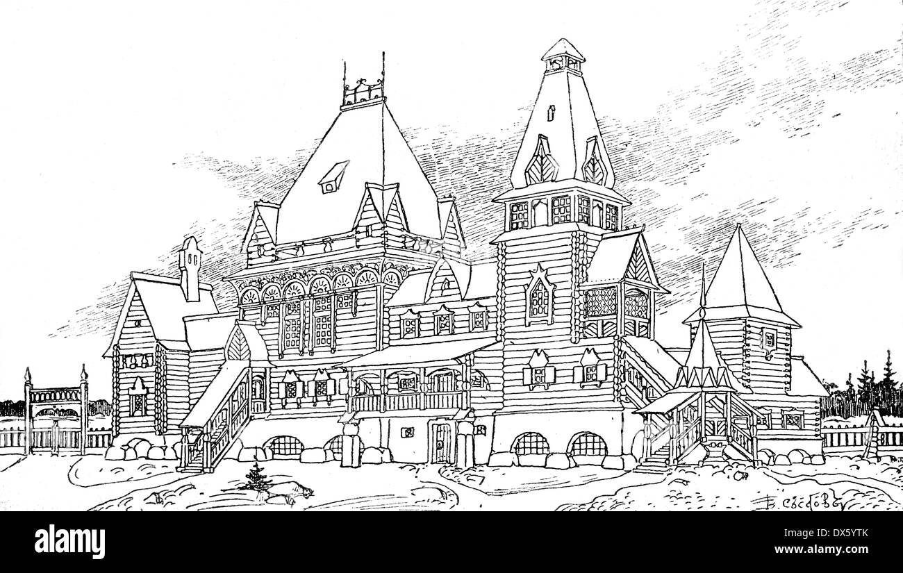 Vintage drawing of fantasy ancient house in Russian style, illustration ...