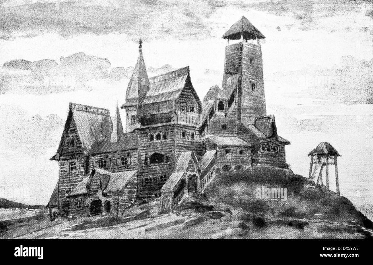 Vintage drawing of fantasy ancient house in Russian style, illustration ...