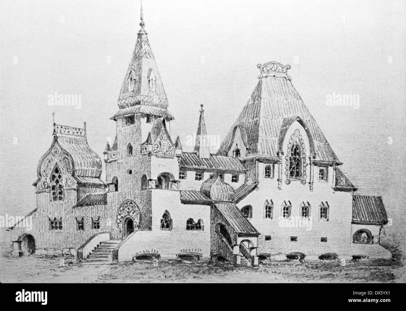 Vintage drawing of fantasy ancient house in Russian style, illustration ...