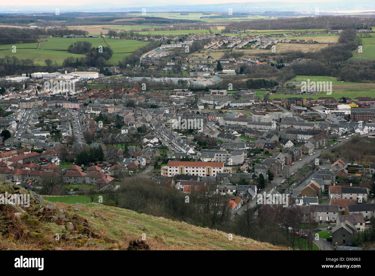 Tillicoultry in Clackmannanshire from the Ochil hills above the town ...