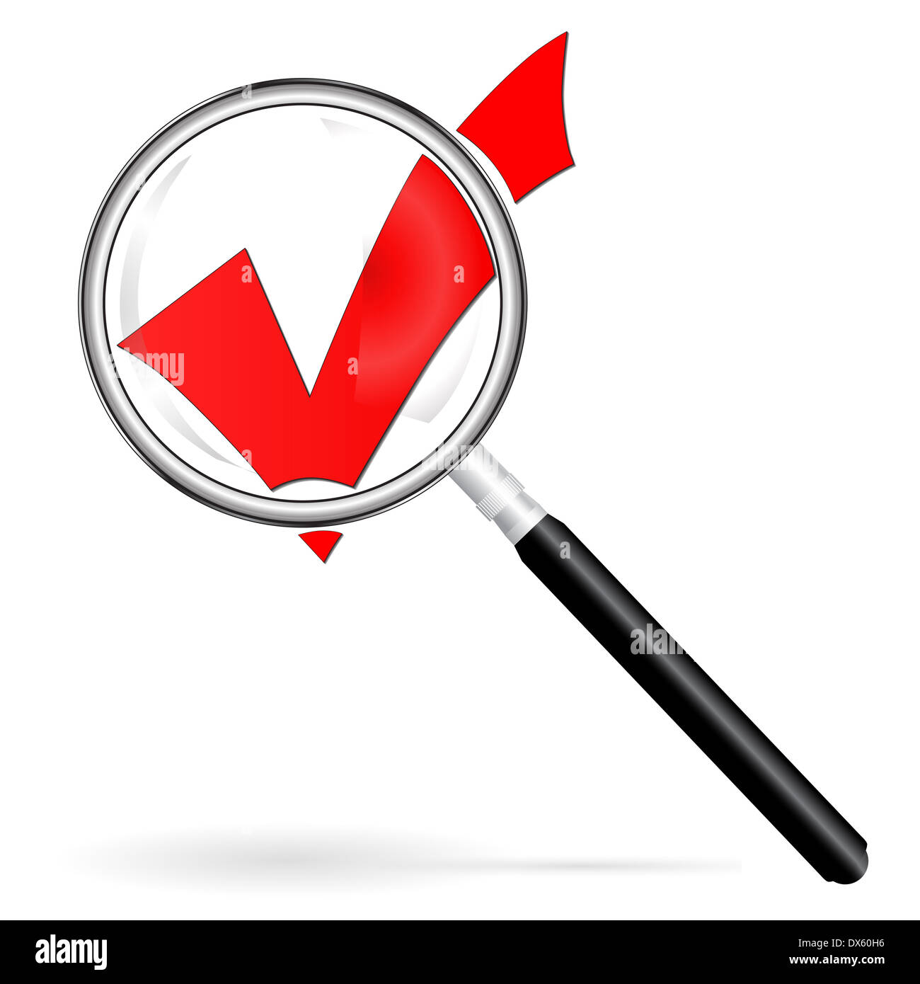 Vector illustration of red check mark under magnification loupes Stock ...