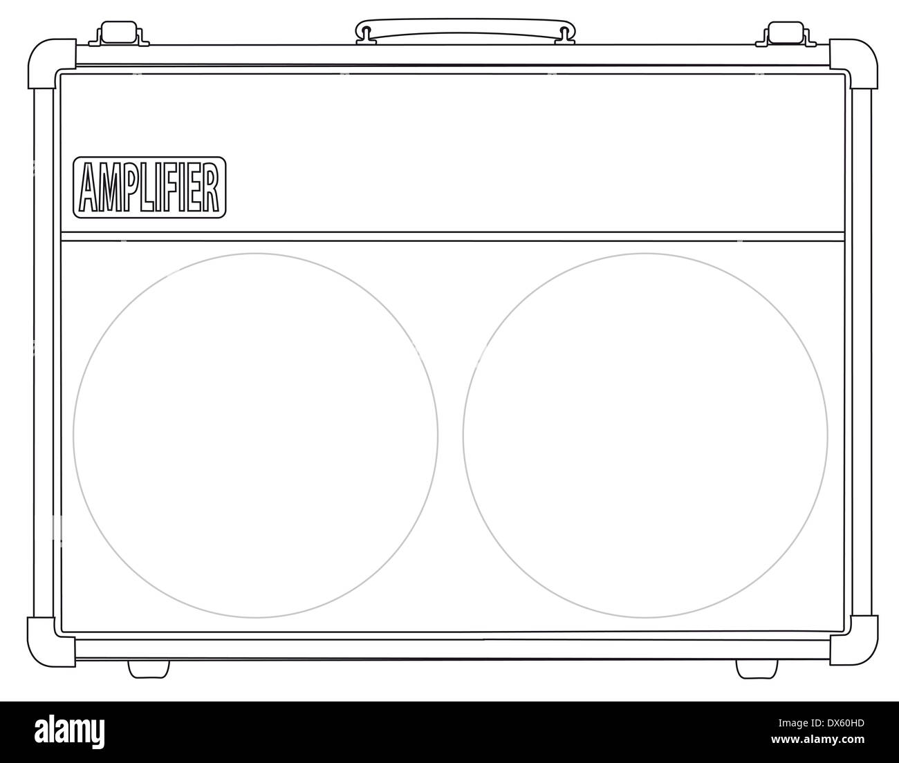 A classic rock and roll valve amplifier in black and white line drawing ...