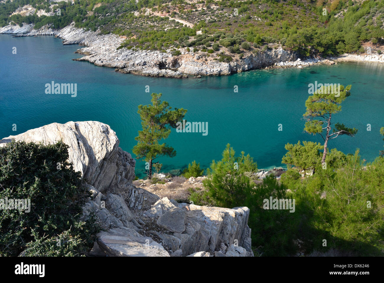 The turquoise waters of the aegean sea at the island ot Thassos, Greece ...