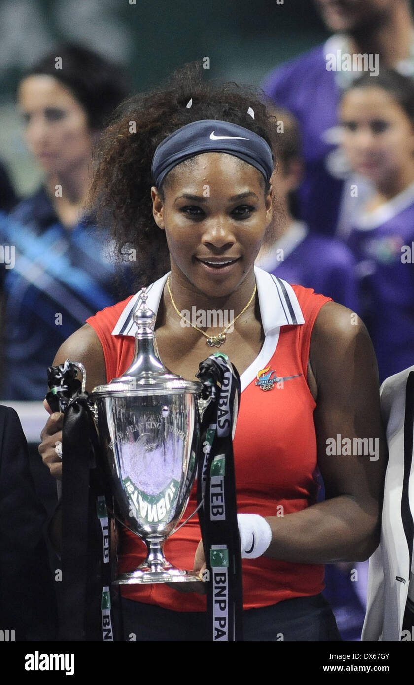 Serena Williams of the United States holds the trophy after beating ...