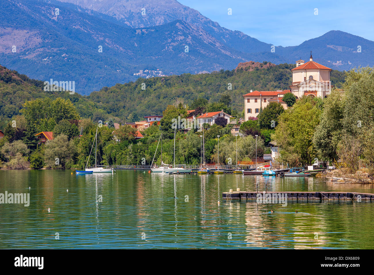 View of Lake Avigliana (Lago Grande di Avigliana) in summer in Piedmont ...