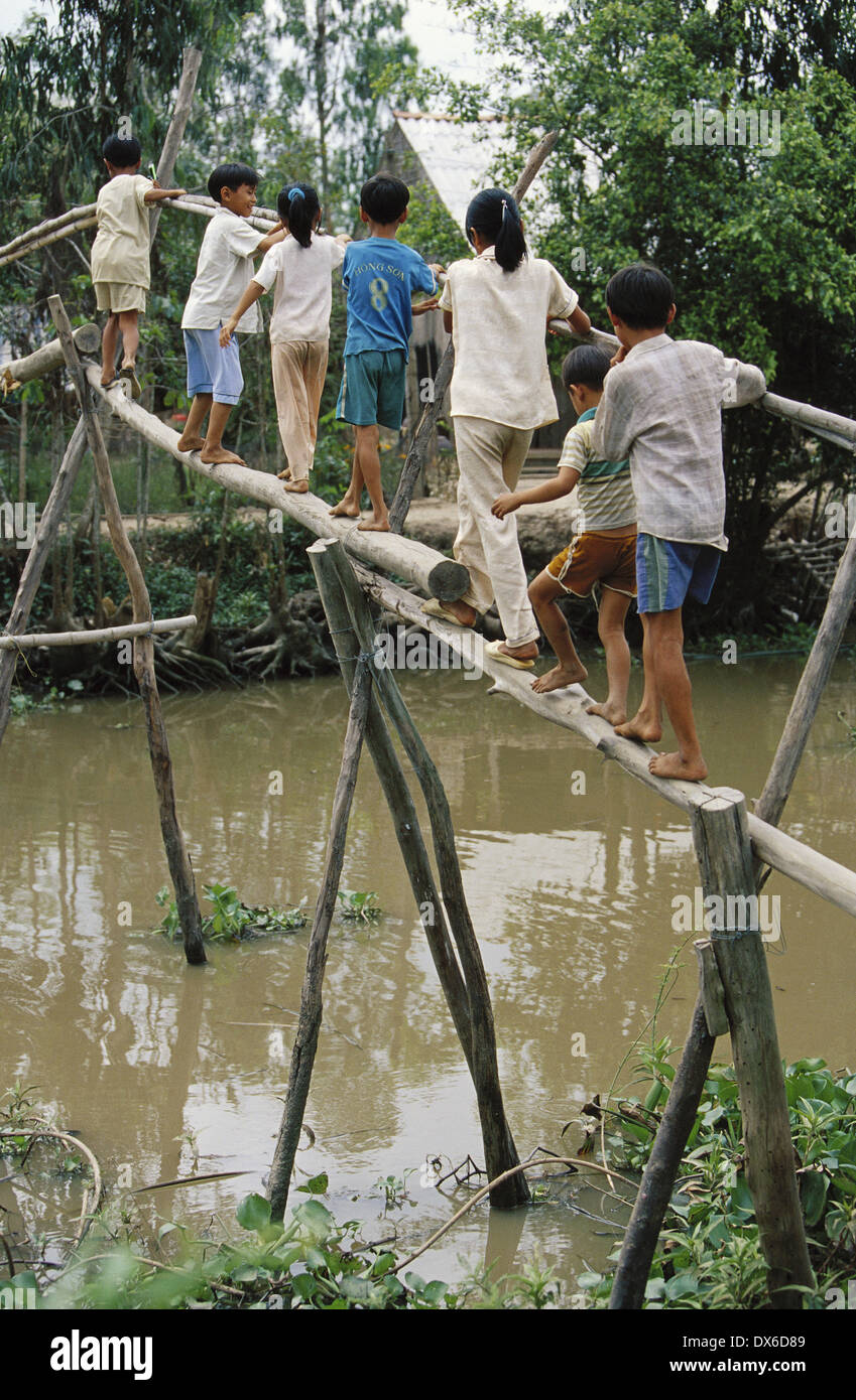 Crossing a traditional handmade bridge, Mekong Delta, Vietnam Stock ...