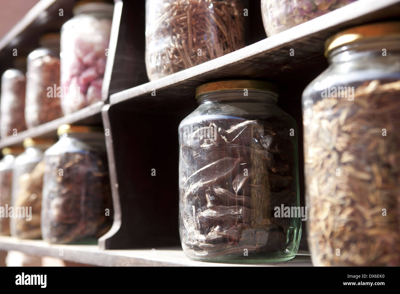 Dried flowers and herbs in a medicine shop, Old Medina, Marrakech ...