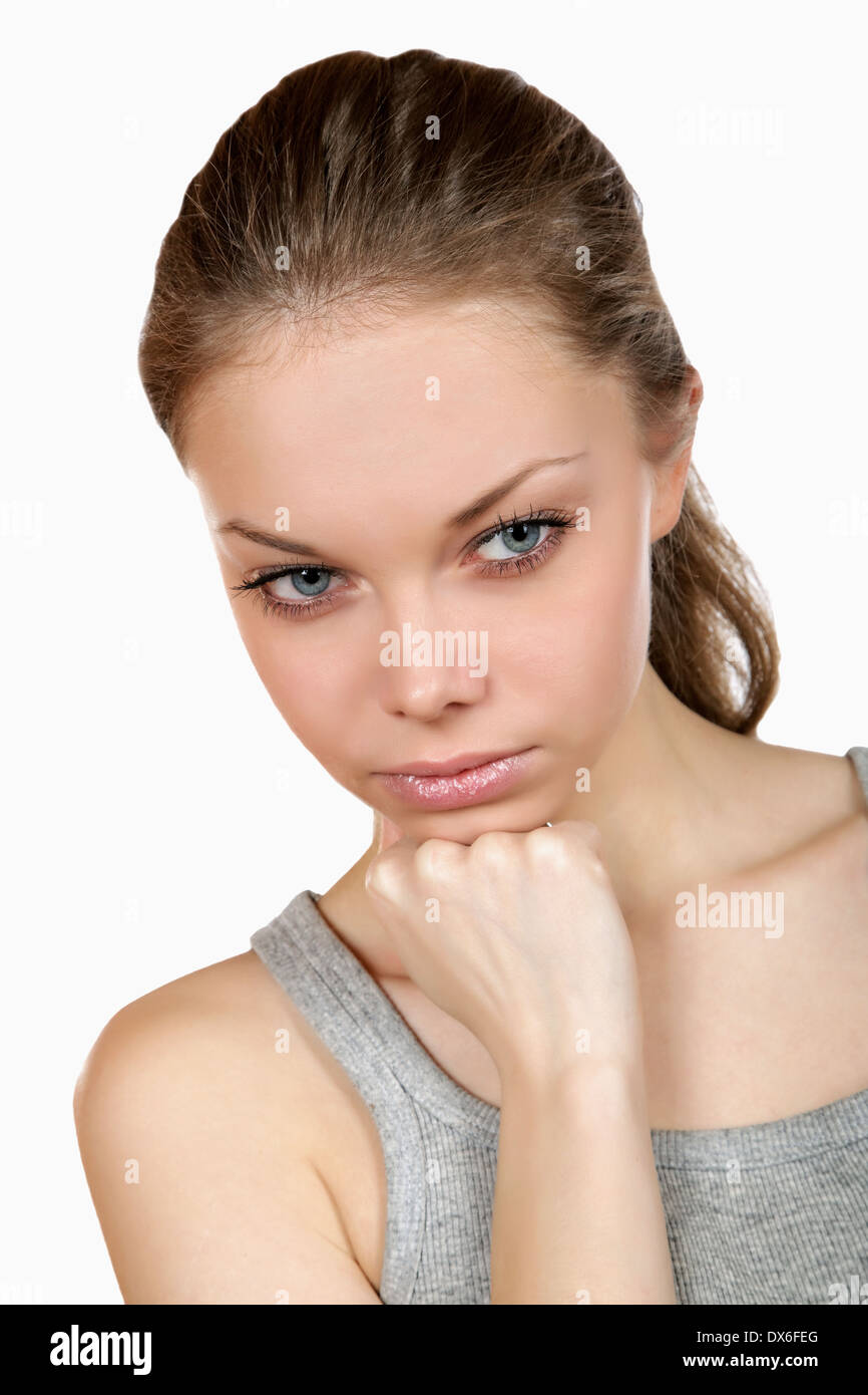 The thoughtful girl props up fist a chin Stock Photo - Alamy