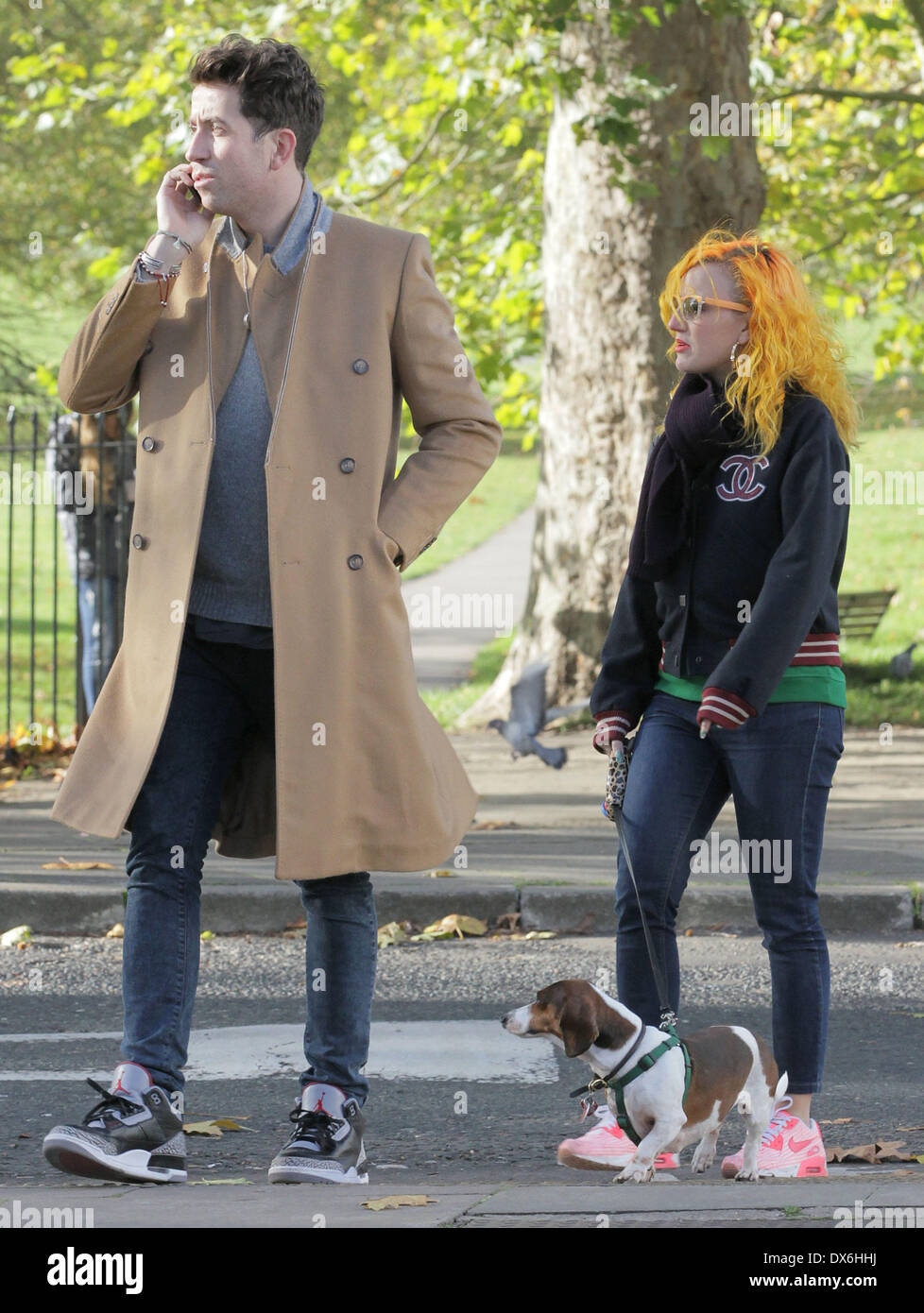 Nick Grimshaw walks through Primrose Hill with a friend London, England ...