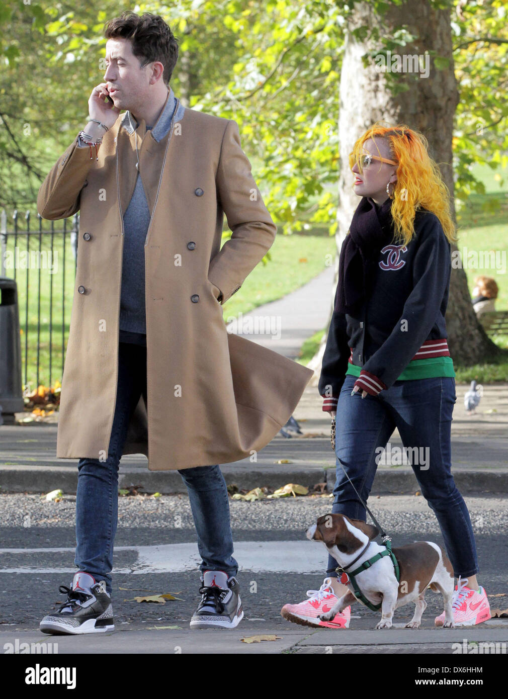 Nick Grimshaw walks through Primrose Hill with a friend London, England ...