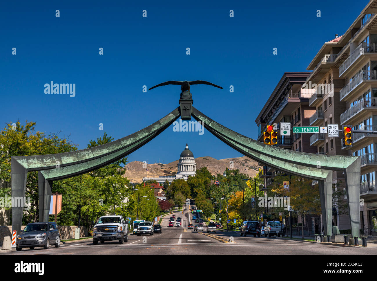 Utah State Capitol, seen in distance behind gate on State Street ...
