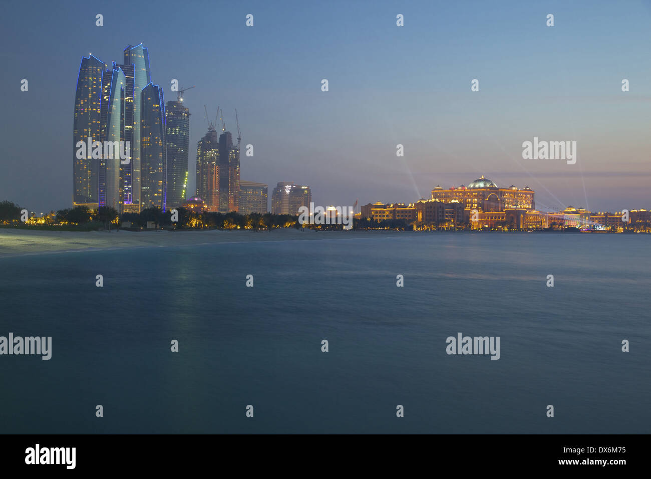 Middle East, UAE, Abu Dhabi, Emirate Towers at Night & Emirates Palace ...