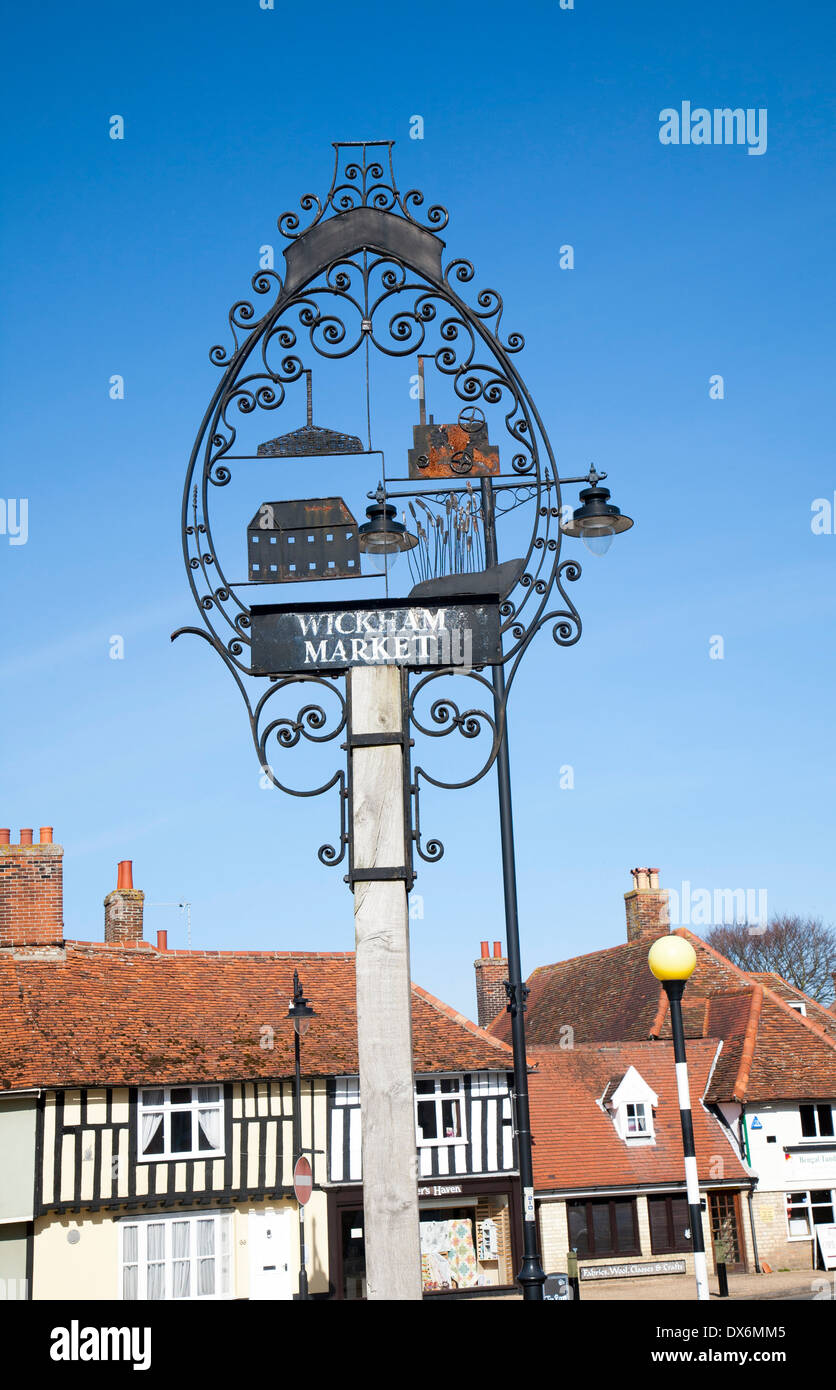 Village sign and historic buildings in Wickham Market, Suffolk, England ...