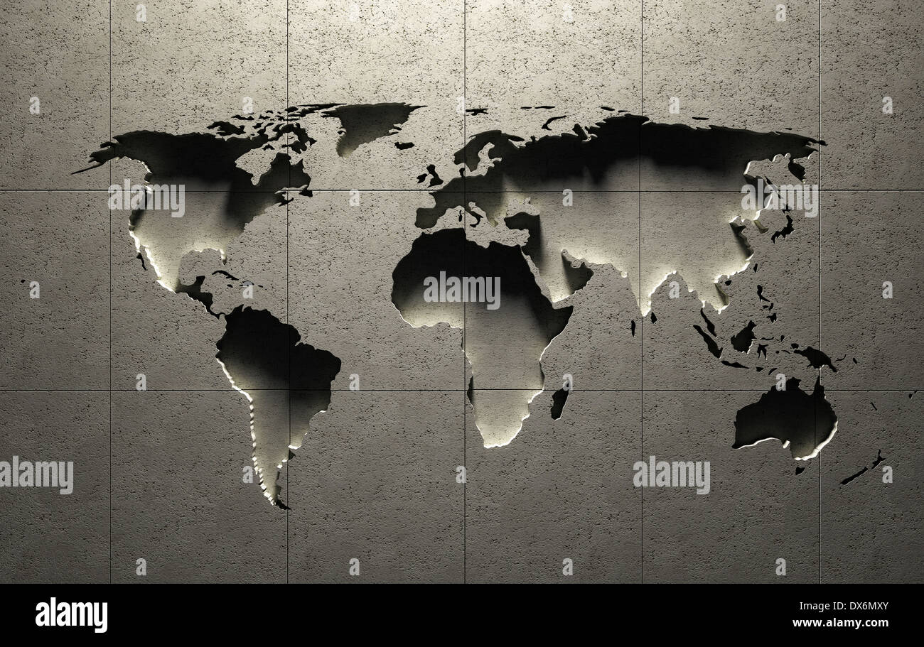 3D World Map molded into solid concrete blocked wall ( map derived from ...