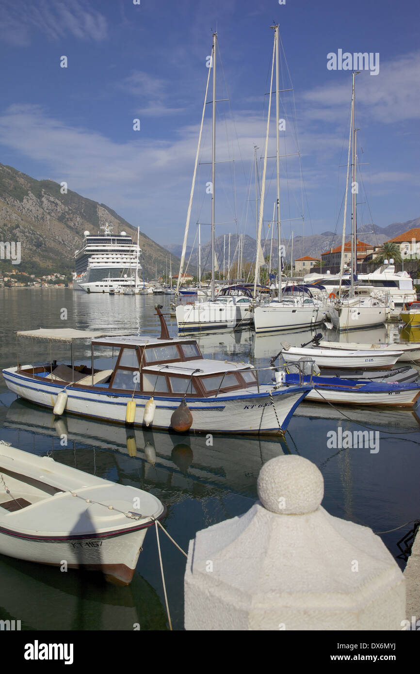 Europe, Montenegro, Kotor, Old Town, Harbour Boats and Cruise Ship in ...