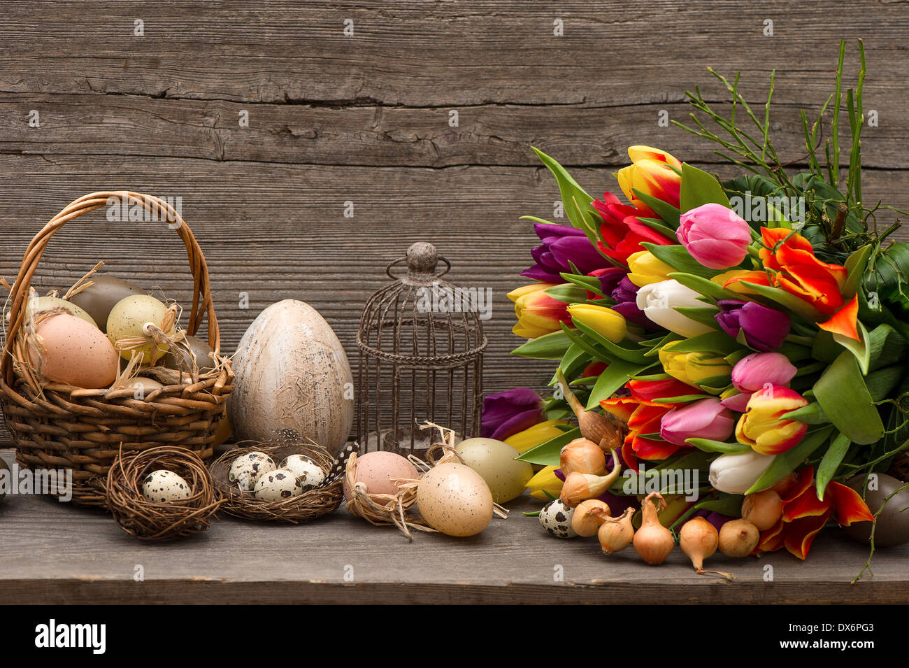 vintage easter decoration with eggs and tulip flowers. nostalgic still ...