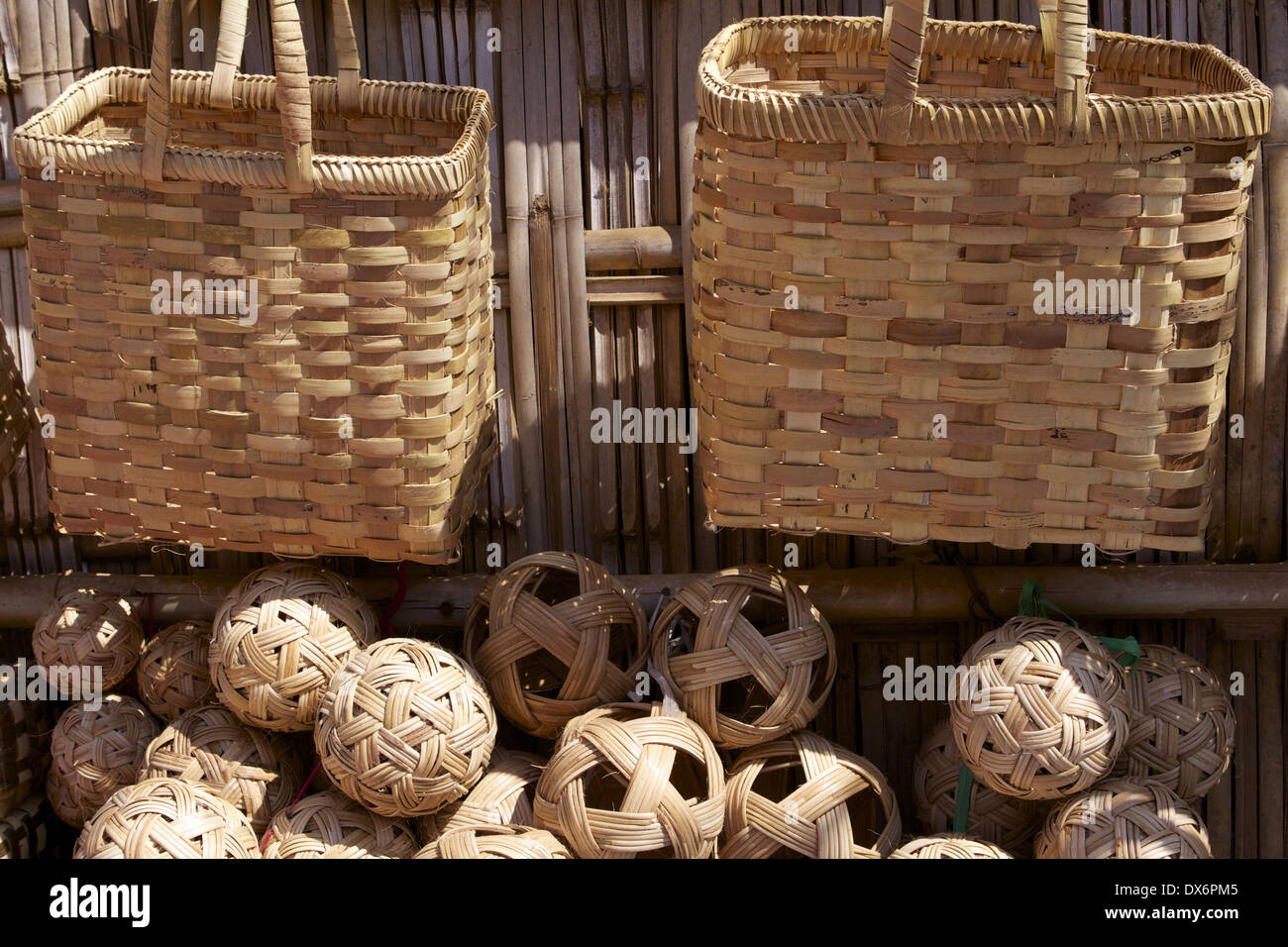 Display of hand woven whicker baskets & whicker balls used in game of ...